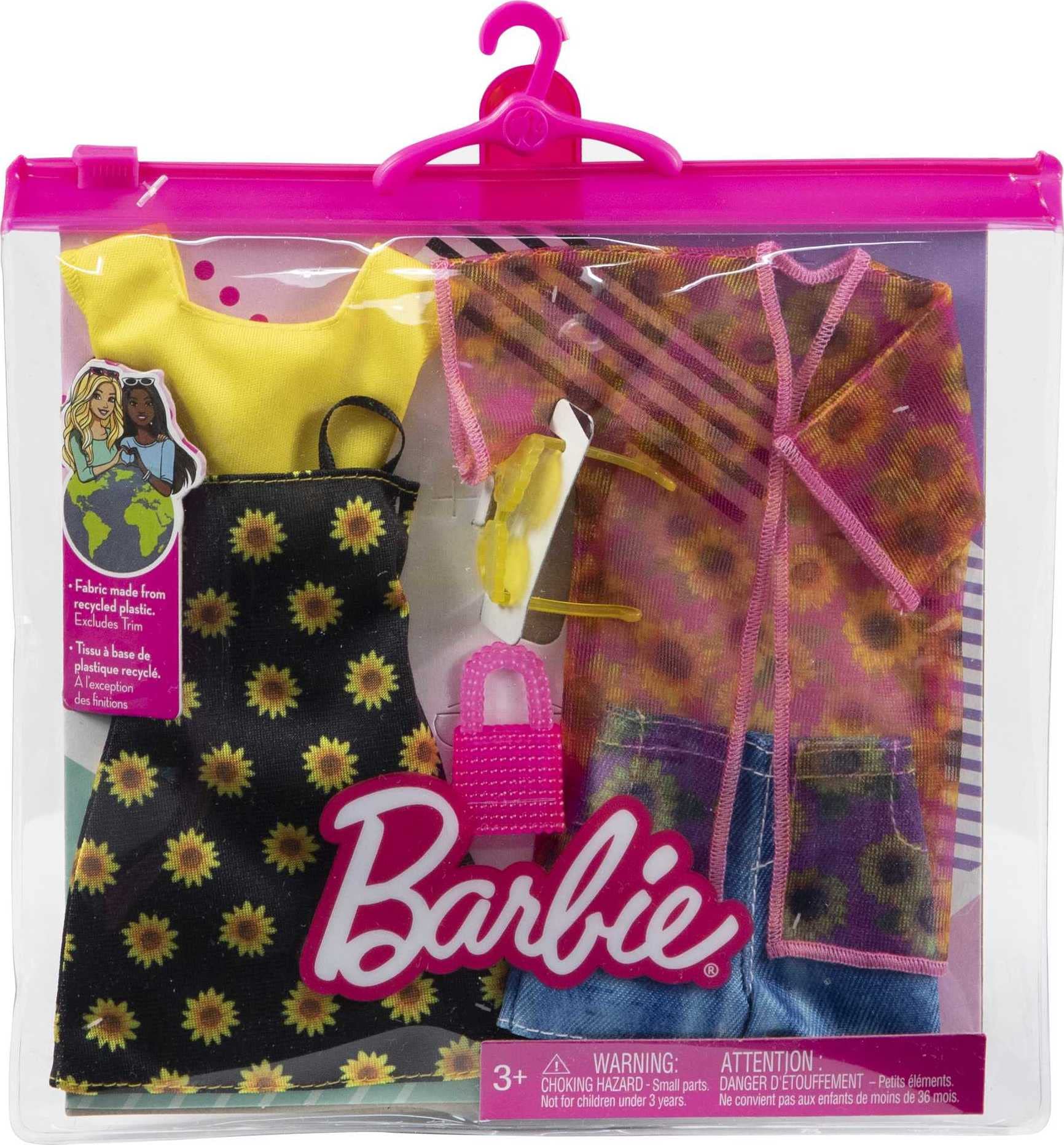 Barbie Fashions 2-Pack Clothing Set, 2 Outfits Doll Include Shirt, Shorts & Kimono, Sleeveless Sunflower Dress & 2 Accessories