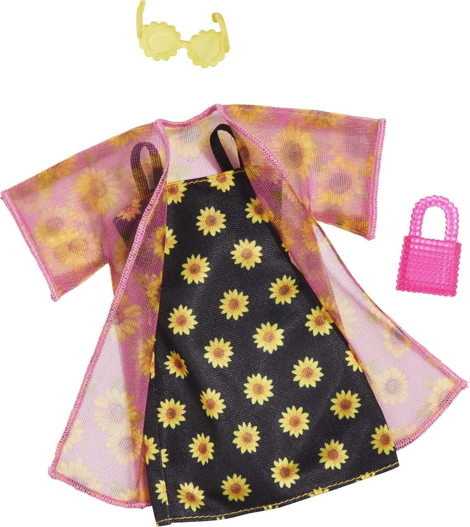 Barbie Fashions 2-Pack Clothing Set, 2 Outfits Doll Include Shirt, Shorts & Kimono, Sleeveless Sunflower Dress & 2 Accessories