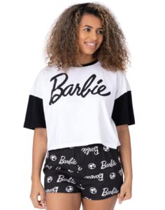 barbie womens pyjama set | ladies white cropped t-shirt & black elasticated shorts complete pjs | fashion doll sleepwear