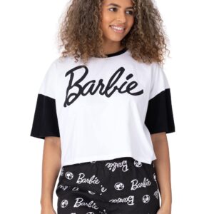 Barbie Womens Pyjama Set | Ladies White Cropped T-Shirt & Black Elasticated Shorts Complete PJs | Fashion Doll Sleepwear