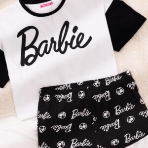 Barbie Womens Pyjama Set | Ladies White Cropped T-Shirt & Black Elasticated Shorts Complete PJs | Fashion Doll Sleepwear