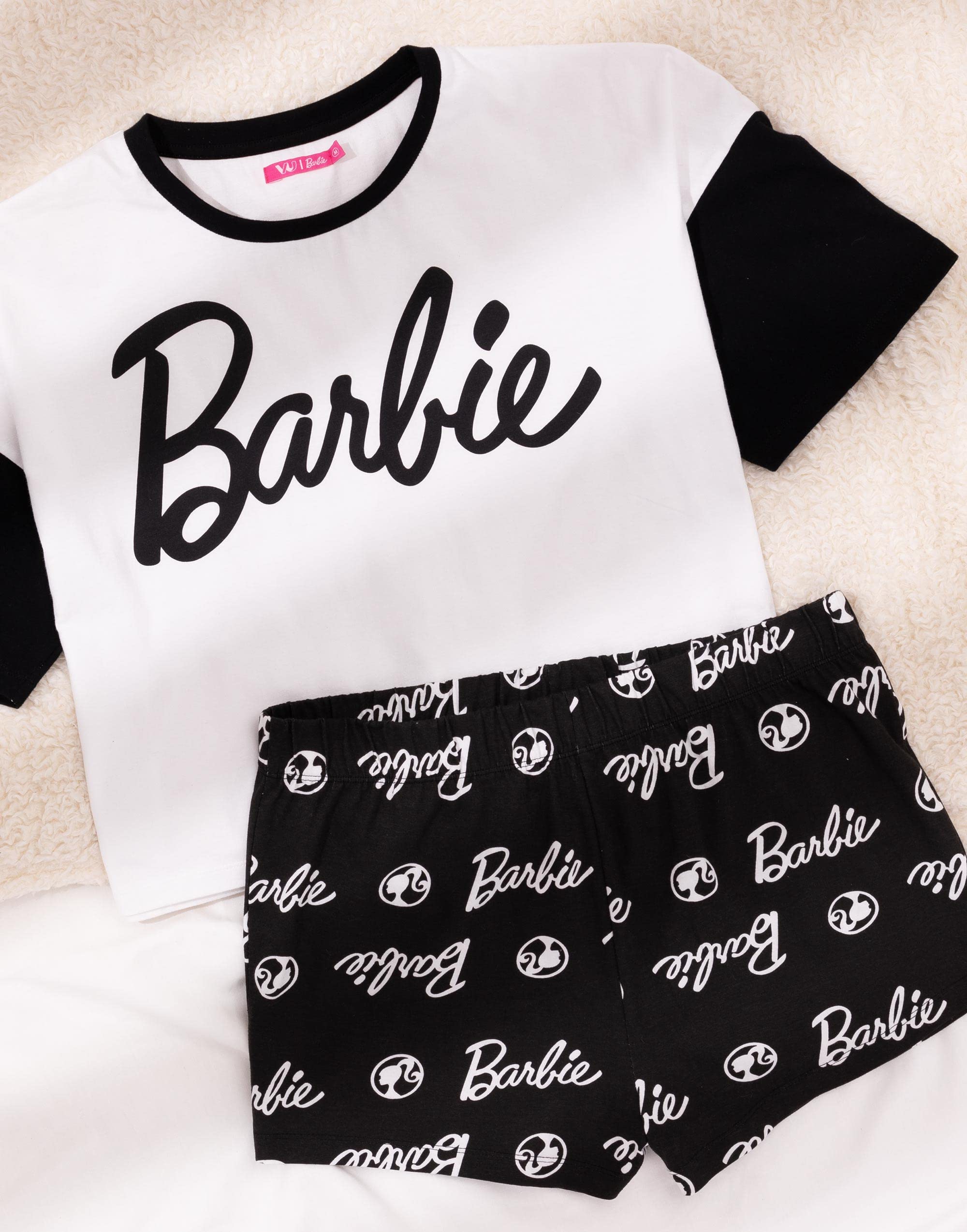 Barbie Womens Pyjama Set | Ladies White Cropped T-Shirt & Black Elasticated Shorts Complete PJs | Fashion Doll Sleepwear