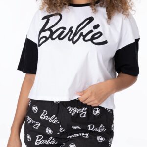 Barbie Womens Pyjama Set | Ladies White Cropped T-Shirt & Black Elasticated Shorts Complete PJs | Fashion Doll Sleepwear