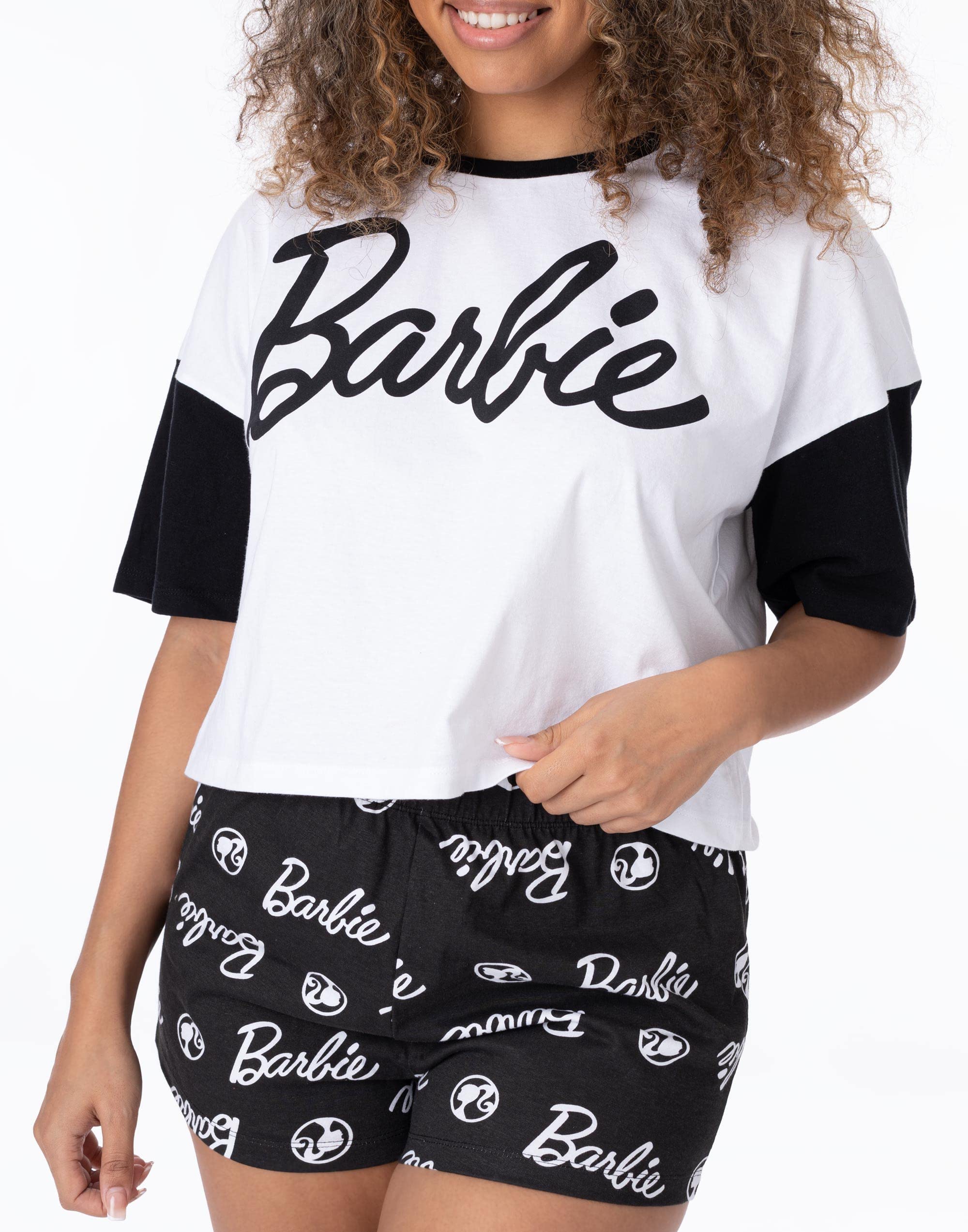 Barbie Womens Pyjama Set | Ladies White Cropped T-Shirt & Black Elasticated Shorts Complete PJs | Fashion Doll Sleepwear