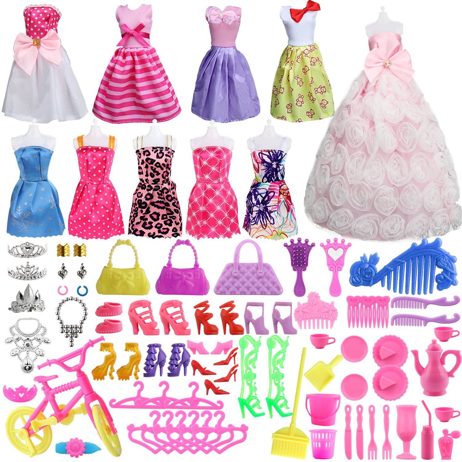 SOTOGO 85 Pieces Doll Clothes and Accessories for 11.5 Inch Girl Doll Include 10 Sets Handmade Doll Outfits Fashion Doll Dresses Party Doll Gowns, 75 Pieces Doll Accessories and Storage Bag