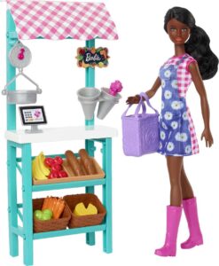 barbie careers doll & playset, farmers market theme with brunette fashion doll, furniture & accessories