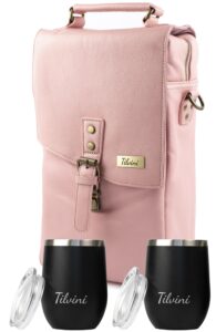 tilvini insulated genuine leather wine tote bag with 2 wine tumblers. wine cooler bag 2 bottle wine carrier set. barbie pink bag. wine purse for women. mom birthday gift bachelorette party wife picnic