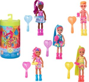 barbie color reveal small doll & accessories, neon tie-dye series, 6 surprises, 1 chelsea doll (styles may vary)