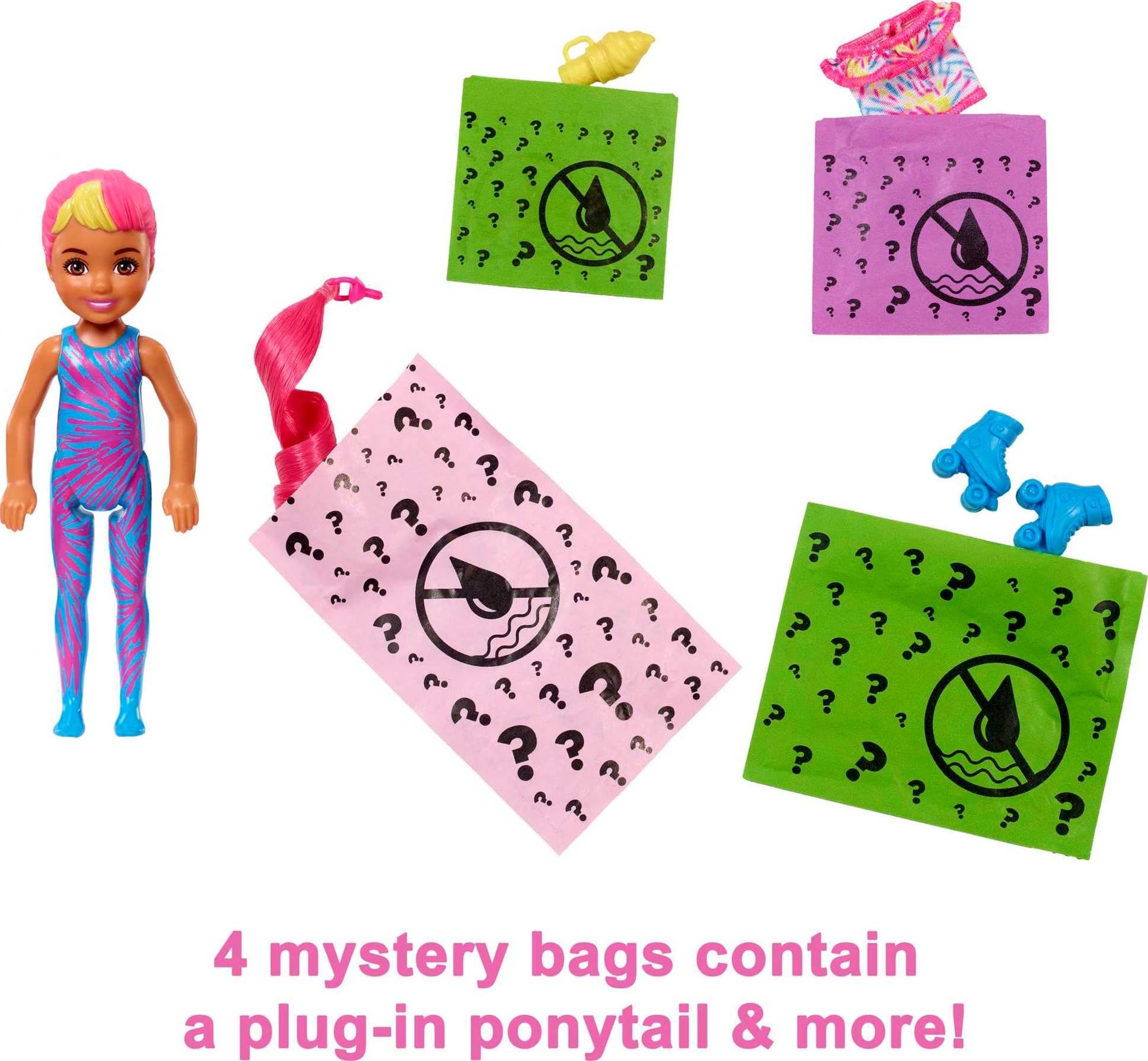 Barbie Color Reveal Small Doll & Accessories, Neon Tie-Dye Series, 6 Surprises, 1 Chelsea Doll (Styles May Vary)