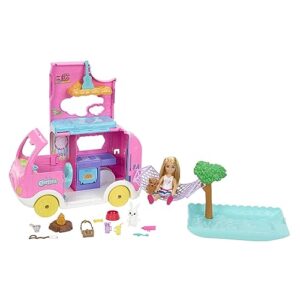 barbie toy camper & chelsea doll, 2-in-1 playset with 2 pets & 15 accessories, vehicle transforms into camp site (amazon exclusive)