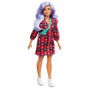 barbie fashionistas doll #157, curvy with lavender hair wearing red plaid dress, white cowboy boots & teal cross-body cactus bag, toy for kids 3 to 8 years old