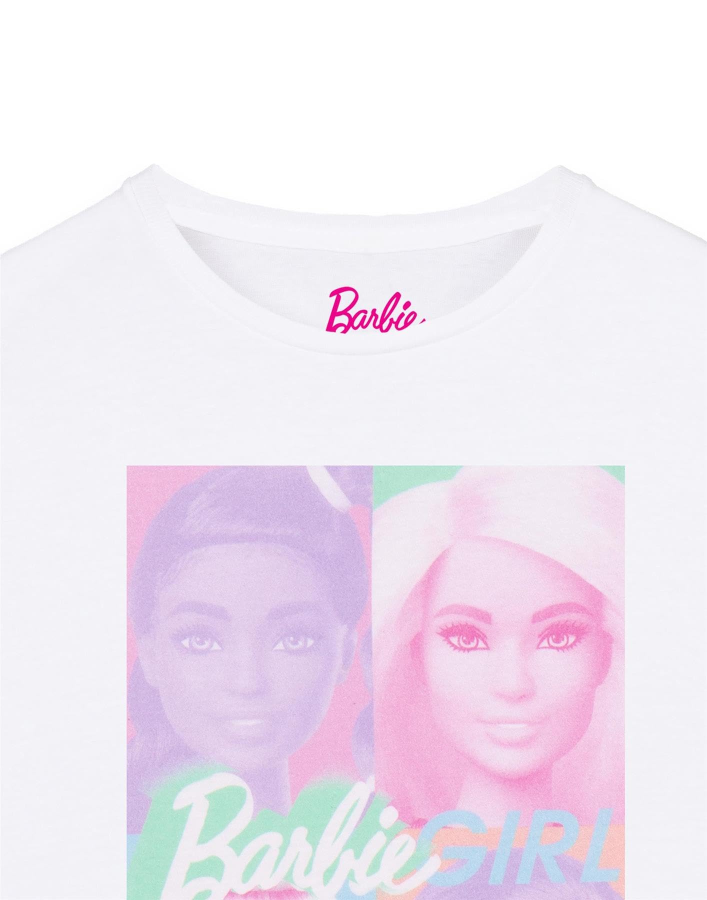 Barbie Girls Short Sleeve T-Shirt | Young Ladies Colour Block Portrait White Tee | Kids Stylish Fashion Top | Doll Movie Gift