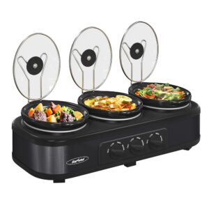 sunvivi triple slow cooker buffet servers and warmer,3 pot food small mini manual slow cooker with adjustable temp stainless steel lid rests,removable ceramic pot,4.5 qt black