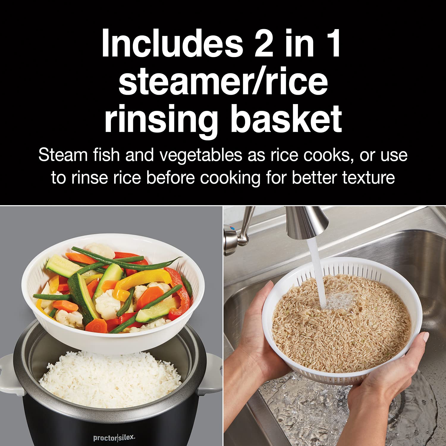 Proctor Silex Rice Cooker & Food Steamer, 16 Cups Cooked (8 Cups Uncooked), Includes Steam and Rinsing Basket, Black (37527)