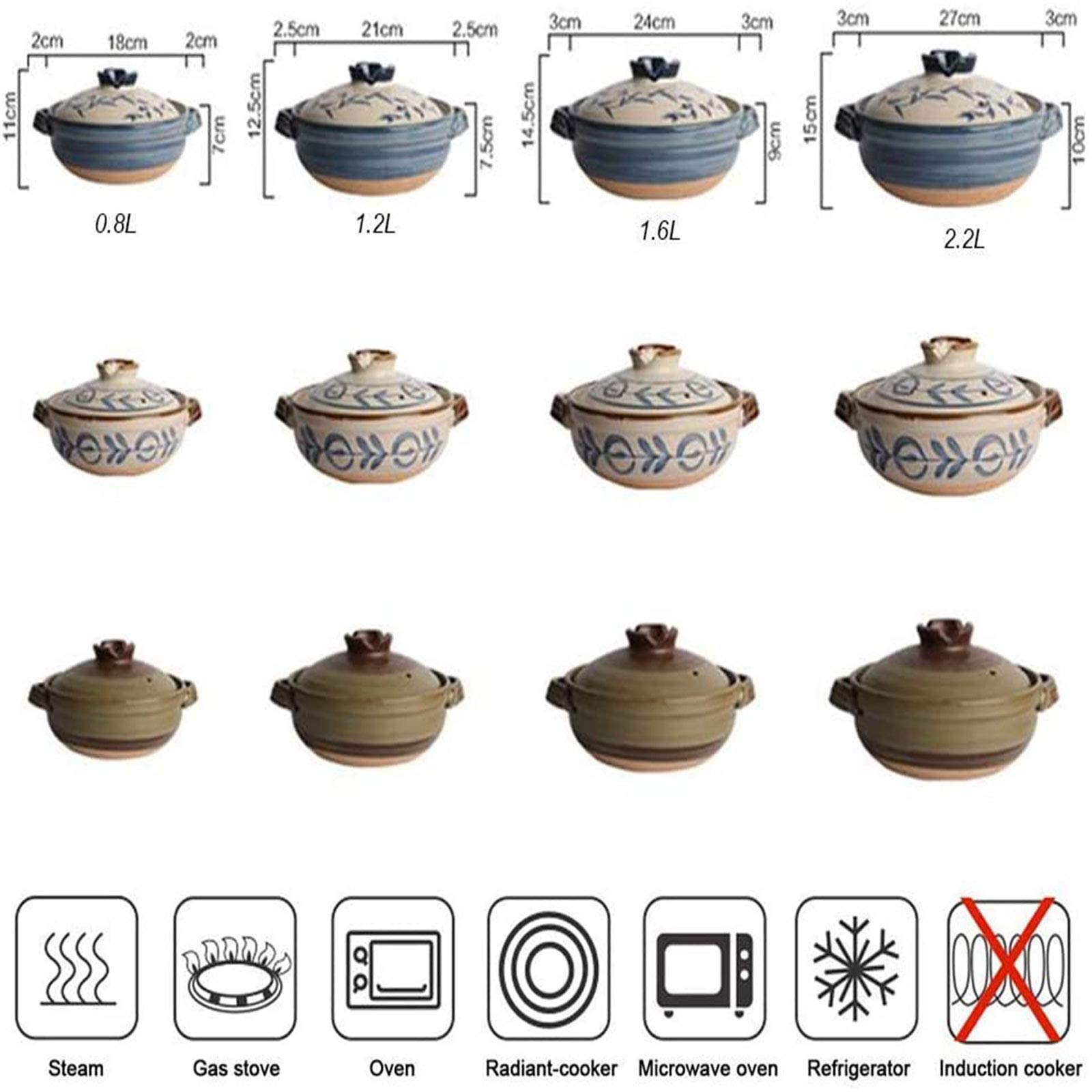 Round Ceramic Hot Pot Casserole Bank Clay Pot Saucepan Heat Resistant Soup Pot Slow Cooker For Rice Stew(Size:1.2L,Color:B) (C 1.2L) (A 2.2L)