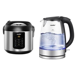 comfee' rice cooker small, 8 cups cooked(4 cups uncooked) 6-in-1 stainless steel multi cooker, slow cooker, steamer & comfee' glass electric tea kettle & hot water boiler, 1.7l bundle