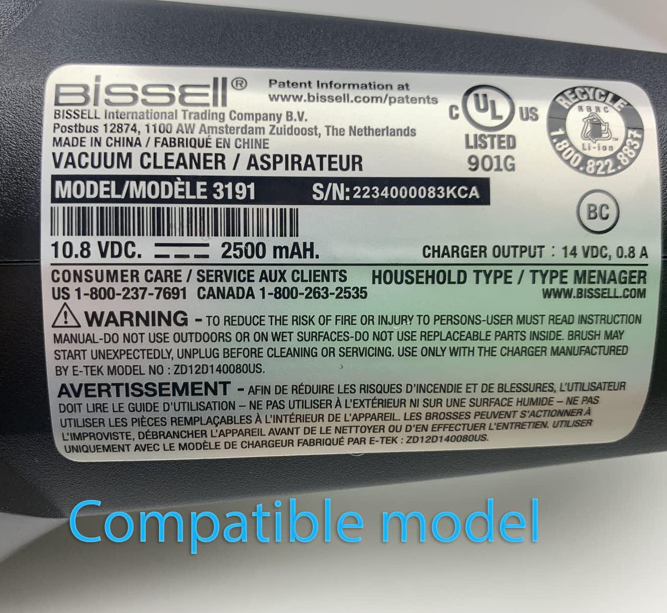 Replacement Charger for Bissell 3061 3190 3190A 31902 PowerSwift Ion Pet 3191 3191C 10.8V Lithium-ion Battery Cordless Vacuum14V 0.8A 2-in-1 Cordless Stick Vacuum E-Tek ZD12D140080US