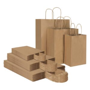 toovip 90 pack plain brown kraft paper bags with handles bulk, multiple 3 assorted sizes gift bags for favors grocery retail party birthday shopping business goody craft merchandise take out sacks