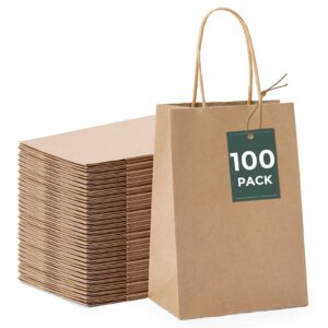 gssusa 100 pack paper gift bags 5.25x3.75x8'' small paper bags with handles bulk, brown kraft paper bags for small business, sturdy grocery retail shopping bags, birthday party favor bags, craft bags