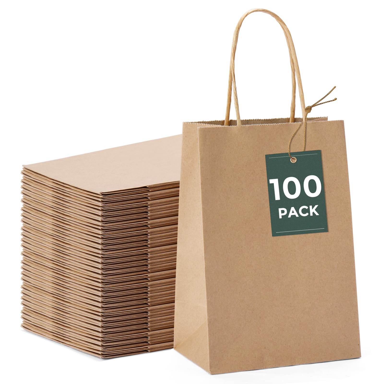 GSSUSA 100 Pack Paper Gift Bags 5.25x3.75x8'' Small Paper Bags with Handles Bulk, Brown Kraft Paper Bags for Small Business, Sturdy Grocery Retail Shopping Bags, Birthday Party Favor Bags, Craft Bags