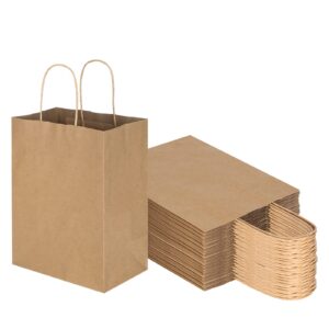 toovip 50 pack 8x4.75x10 inch medium plain brown kraft paper bags with handles bulk, gift bags for favors grocery retail party birthday shopping business goody craft merchandise take out sacks