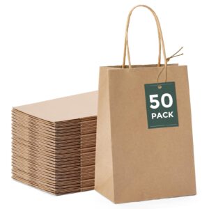 gssusa 50 pcs brown kraft paper bags 5.25x3.75x8, small paper bags with handles for shopping, gift, merchandise, retail, party favor, wedding, gift bags, bags for small business, boutique