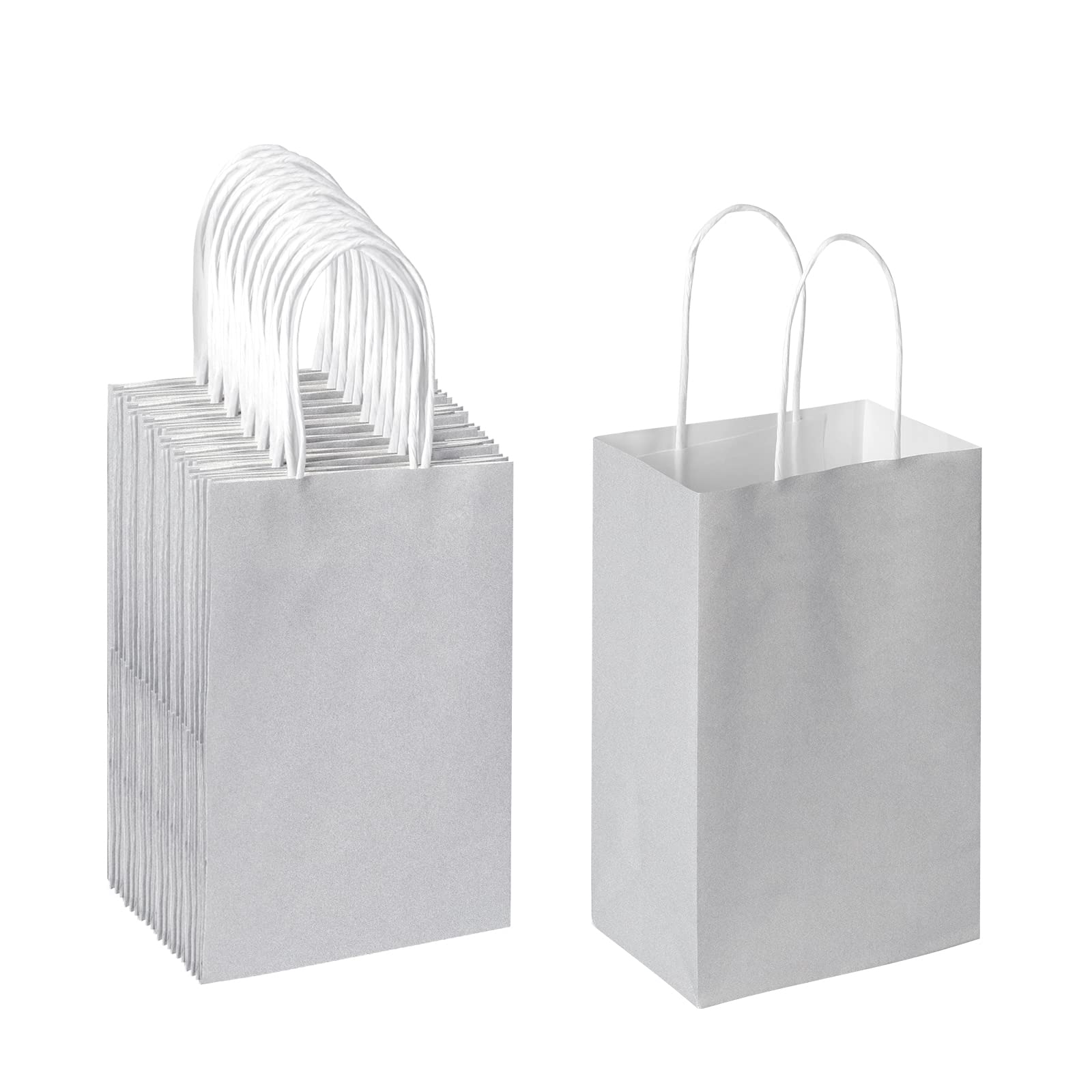 Oikss 50 Pack 5.25x3.25x8.25 inch Small Kraft Bags with Handles Bulk, Paper Bags Birthday Wedding Party Favors Grocery Retail Shopping Business Goody Craft Gift Bags Cub Sacks (Silver Grey 50 Count)