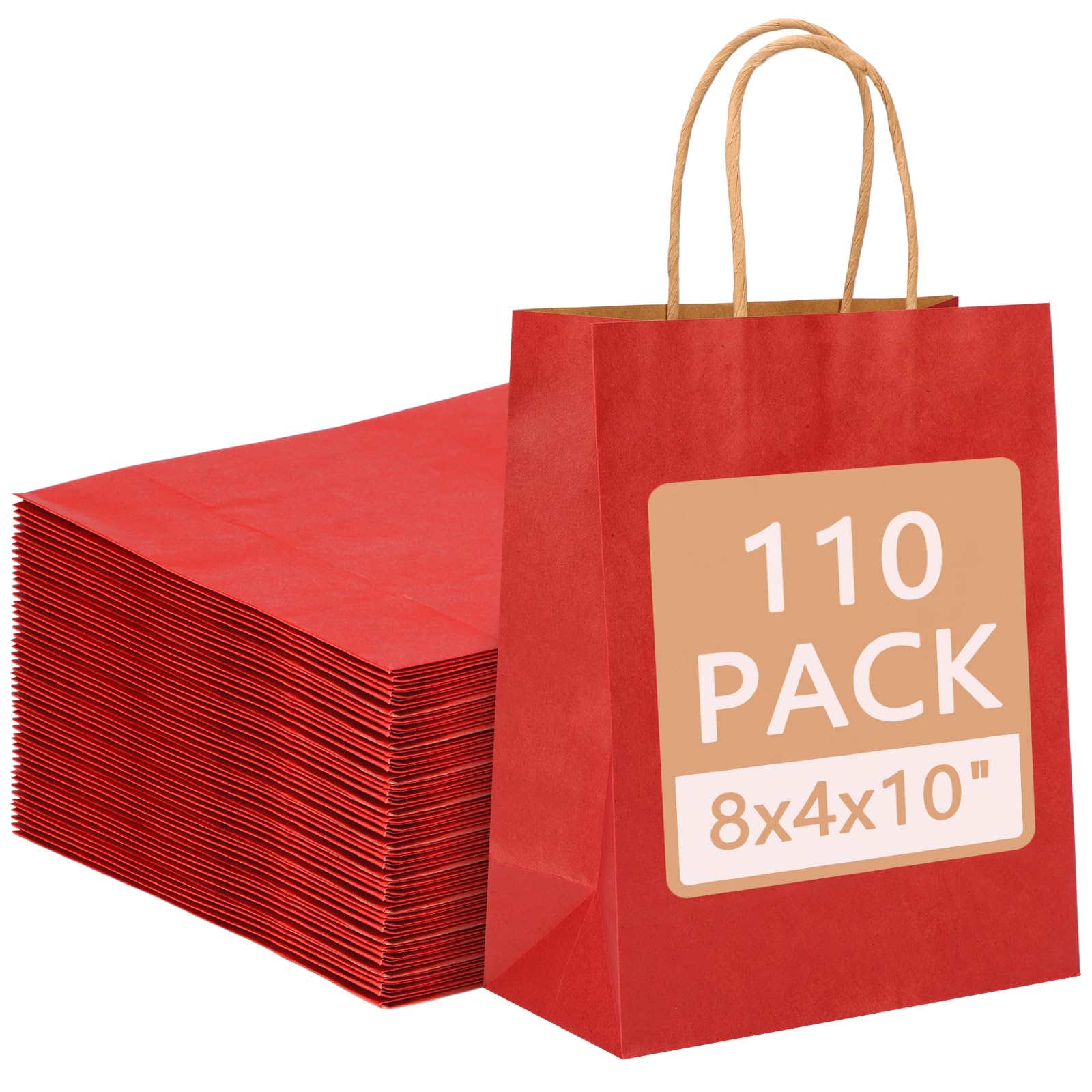 Moretoes 110pcs Red Paper Bags with Handles, 8x4x10 Inch Medium Sizes Gift Bags Bulk, Valentines Day Gift Bags Red Paper Bags for Small Business, Shopping Bags, Party Bags, Favor Bags