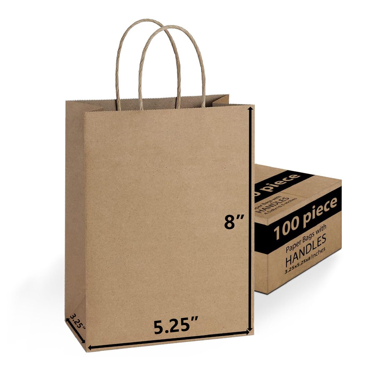 5.25 X 3.25 X 8 Brown Kraft Paper Gift Bags Bulk with Handles. Ideal for Shopping, Packaging, Retail, Party, Craft, Gifts, Wedding, Recycled, Business, Goody and Merchandise Bag (Brown)