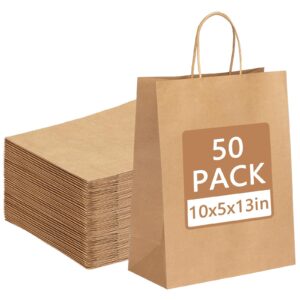 moretoes 50pcs paper gift bags 10x5x13 inches brown kraft paper bags with handles bulk, shopping bags, retail bags for small business, birthday wedding party favor bags, merchandise bags