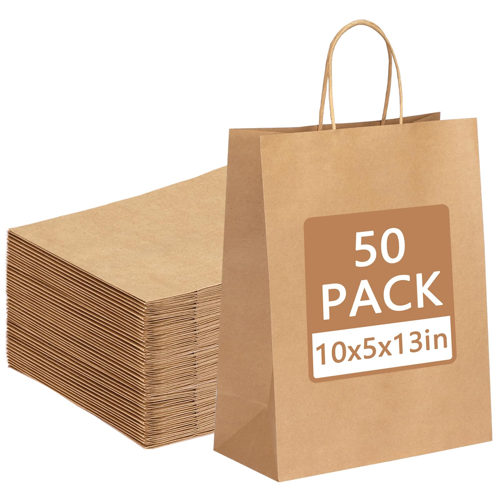 Moretoes 50pcs Paper Gift Bags 10x5x13 Inches Brown Kraft Paper Bags with Handles Bulk, Shopping Bags, Retail Bags for Small Business, Birthday Wedding Party Favor Bags, Merchandise Bags