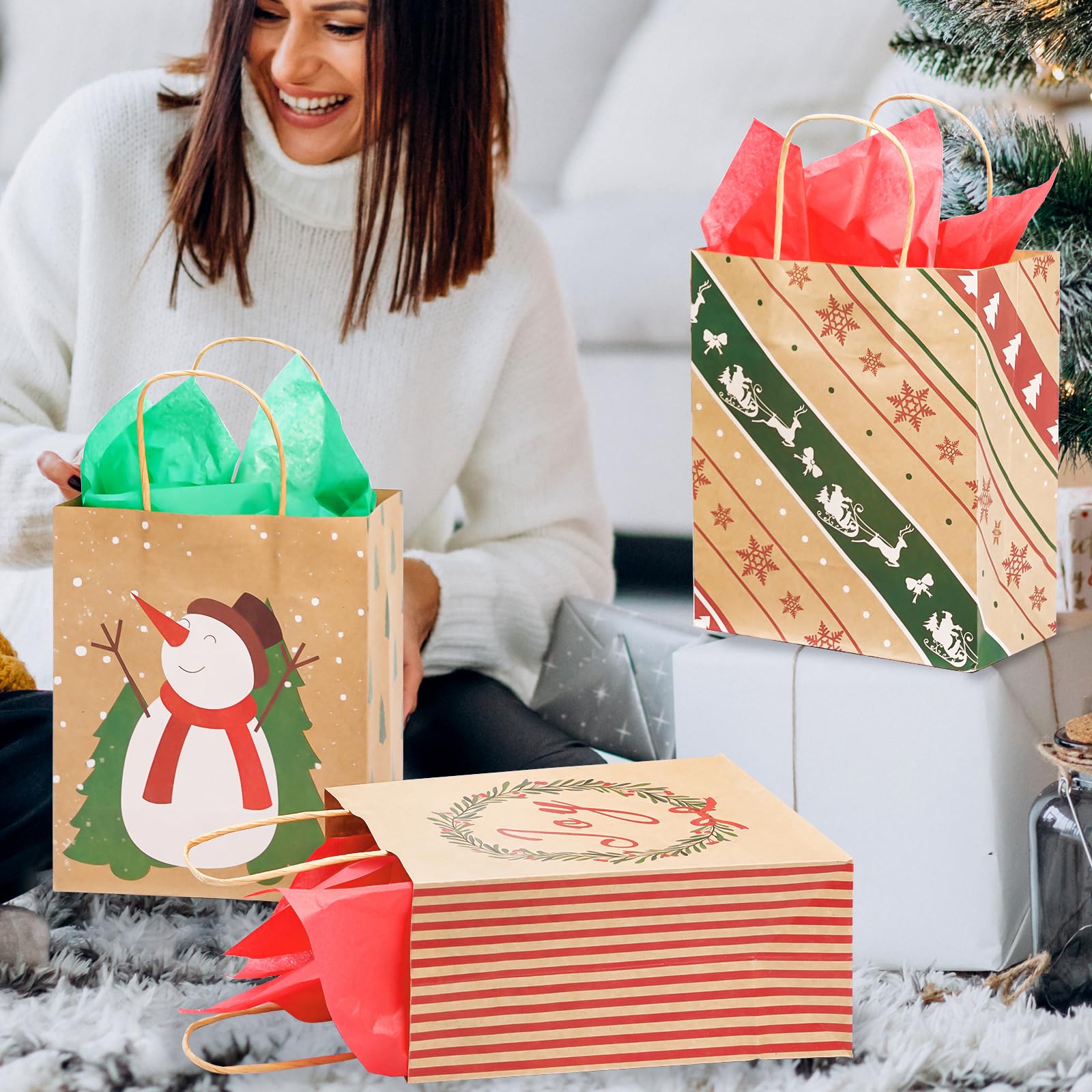 30 Christmas Kraft Gift Bags for Holiday Paper Gift Bags