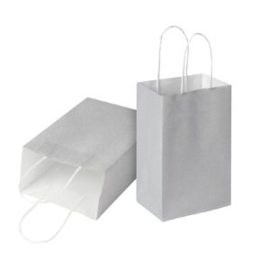 Oikss 50 Pack 5.25x3.25x8.25 inch Small Kraft Bags with Handles Bulk, Paper Bags Birthday Wedding Party Favors Grocery Retail Shopping Business Goody Craft Gift Bags Cub Sacks (Silver Grey 50 Count)