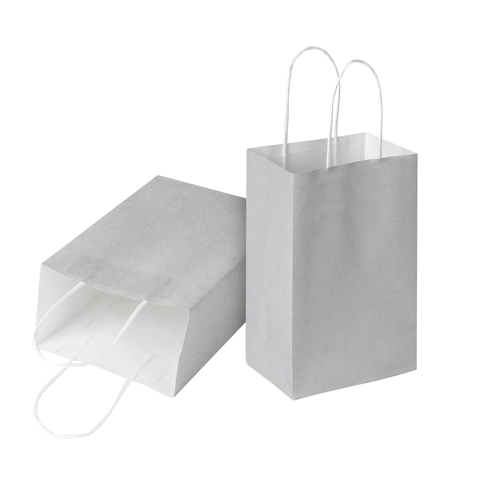 Oikss 50 Pack 5.25x3.25x8.25 inch Small Kraft Bags with Handles Bulk, Paper Bags Birthday Wedding Party Favors Grocery Retail Shopping Business Goody Craft Gift Bags Cub Sacks (Silver Grey 50 Count)