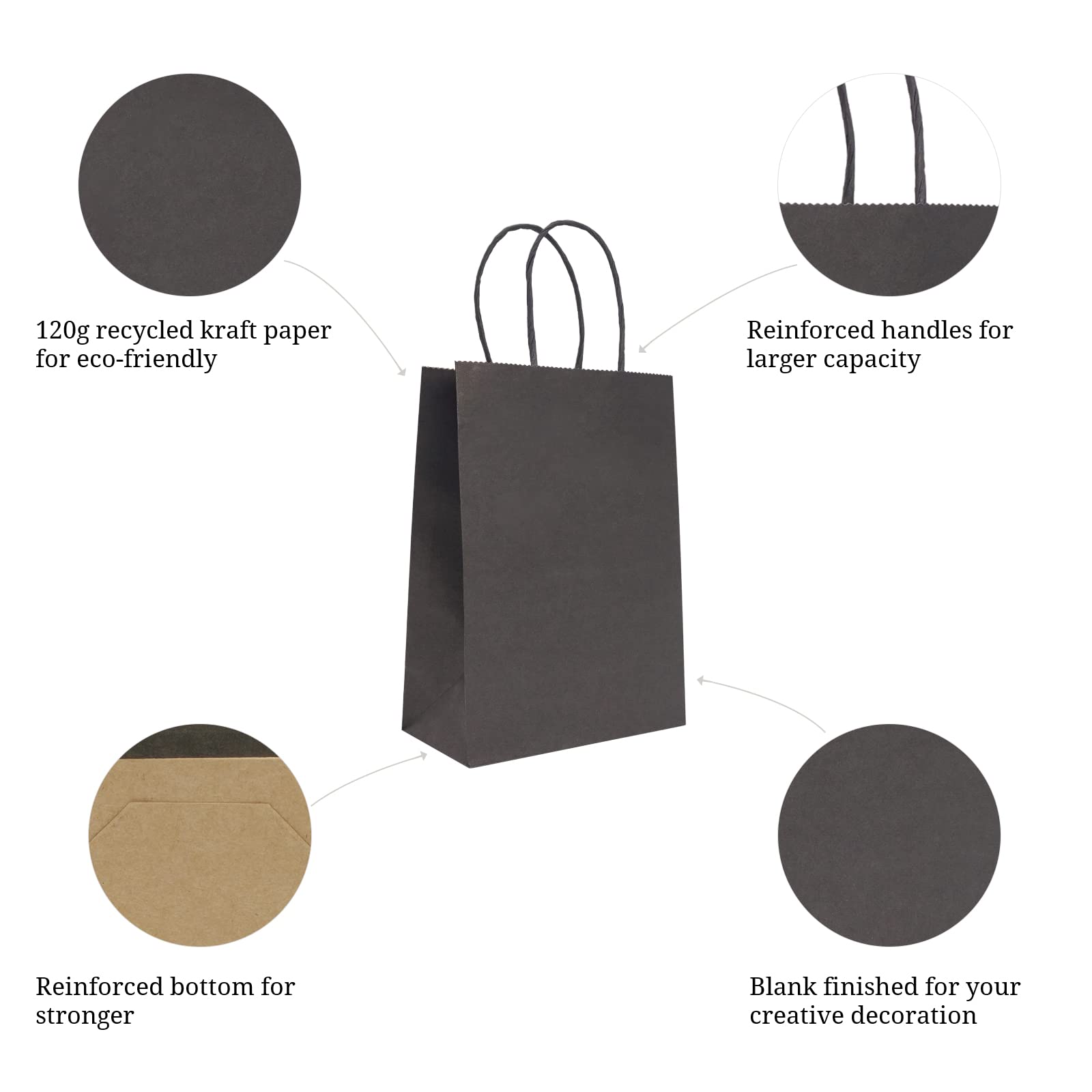 GARROS Black Kraft Paper Bag 5.8x3x8.3 inches,12-Pcs, Gift Bags, Kraft Bags With Handles Easter Day,Chrismas，Thanksgiving, Paper Shopping Bags, Craft Bags, Merchandise Bags (Black)