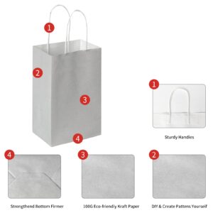 Oikss 50 Pack 5.25x3.25x8.25 inch Small Kraft Bags with Handles Bulk, Paper Bags Birthday Wedding Party Favors Grocery Retail Shopping Business Goody Craft Gift Bags Cub Sacks (Silver Grey 50 Count)