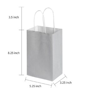 Oikss 50 Pack 5.25x3.25x8.25 inch Small Kraft Bags with Handles Bulk, Paper Bags Birthday Wedding Party Favors Grocery Retail Shopping Business Goody Craft Gift Bags Cub Sacks (Silver Grey 50 Count)