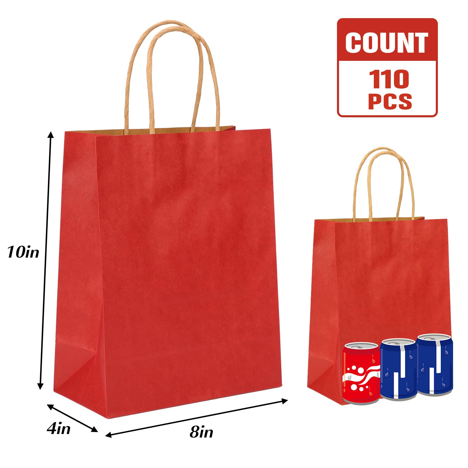 Moretoes 110pcs Red Paper Bags with Handles, 8x4x10 Inch Medium Sizes Gift Bags Bulk, Valentines Day Gift Bags Red Paper Bags for Small Business, Shopping Bags, Party Bags, Favor Bags