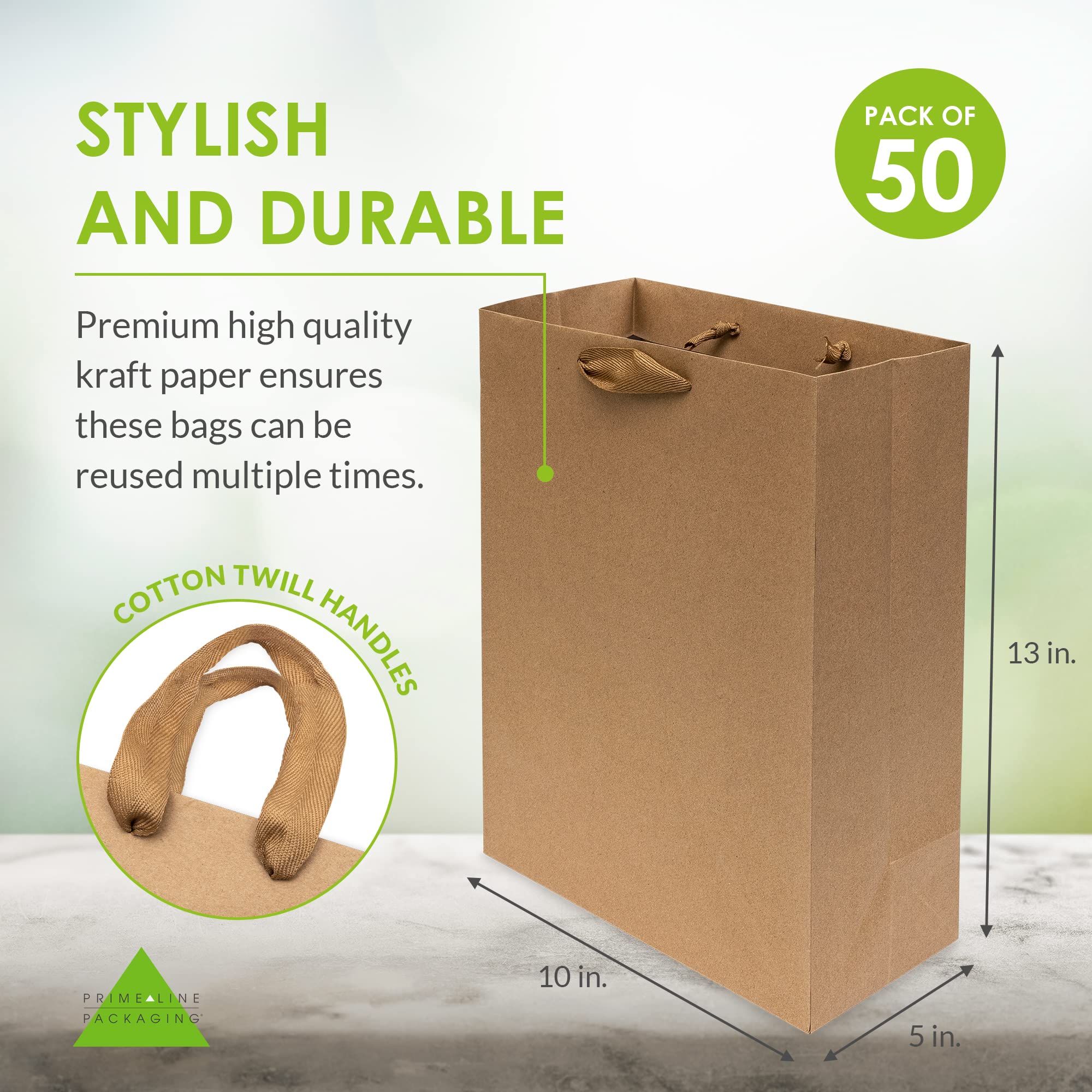 Prime Line Packaging 10x5x13 50 Pack Medium Brown Gift Bags with Ribbon Handles, Kraft Gift Bags for Gift Wrap, Wedding, Goodie Bags, Favors, Bulk