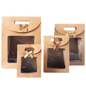 MODADA Gift Bags 12/24/48pcs Kraft Paper Flip Open Window Tote Bag with Ribbon Bow Wedding Birthday Party Gift Packaging Handbag Cookie Candy Bag (Color : Kraft, Size : 23X11X31CM_12PCS)