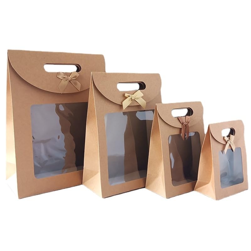 MODADA Gift Bags 12/24/48pcs Kraft Paper Flip Open Window Tote Bag with Ribbon Bow Wedding Birthday Party Gift Packaging Handbag Cookie Candy Bag (Color : Kraft, Size : 23X11X31CM_12PCS)