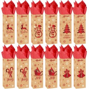 pasimy 12 pcs christmas wine bags with tissue paper christmas red foil kraft paper wine gift bags with handles paper assorted design wine bags gift holiday for bottle wrapping birthday wedding party