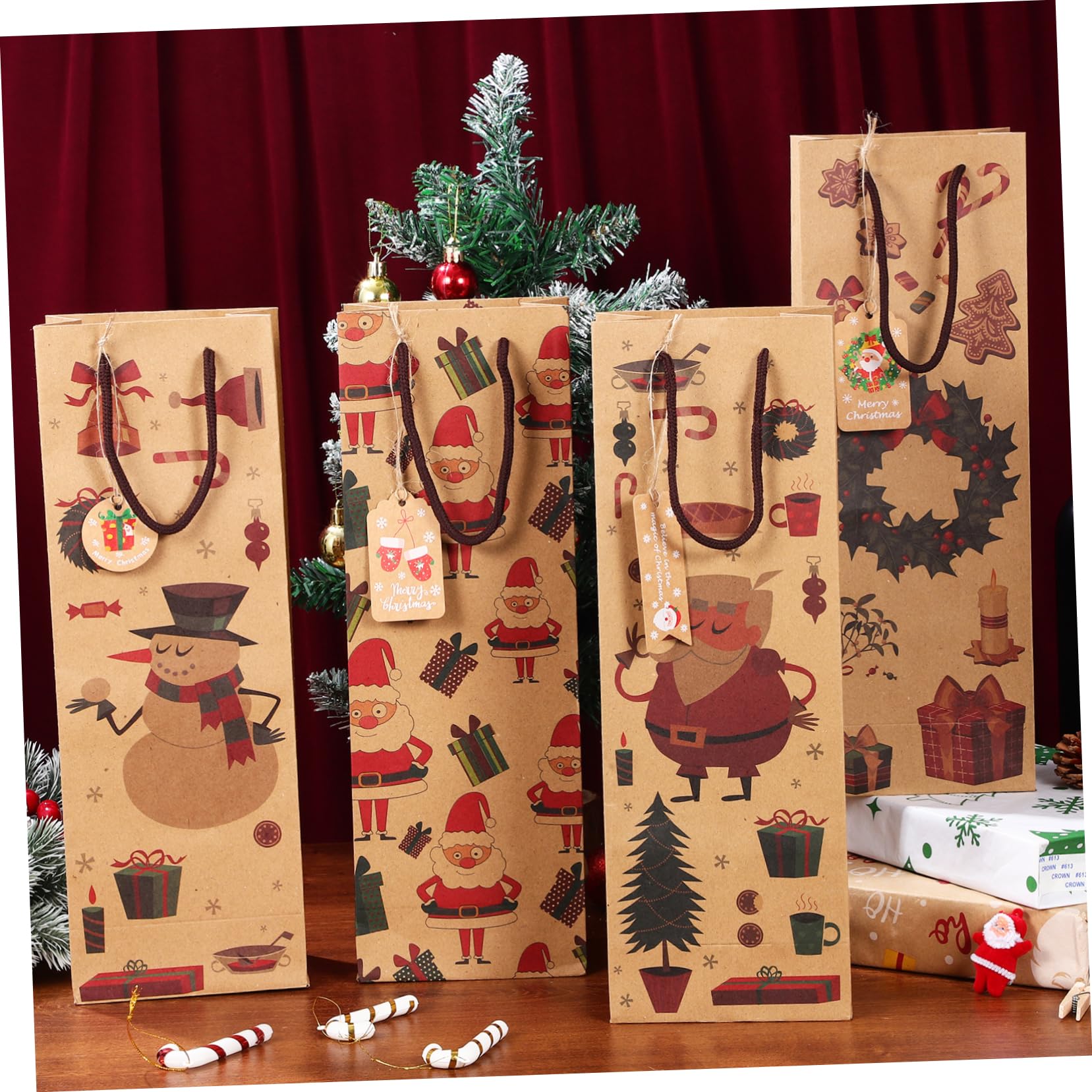 NOLITOY 1 Set Gift Bag Paper Bags Christmas Wrapping Paper Bottle Carrier Kraft Bags with Handles Kraft Christmas Bags Christmas Handle Pouches Tote Bags Kraft Paper Bottle Rack Wine