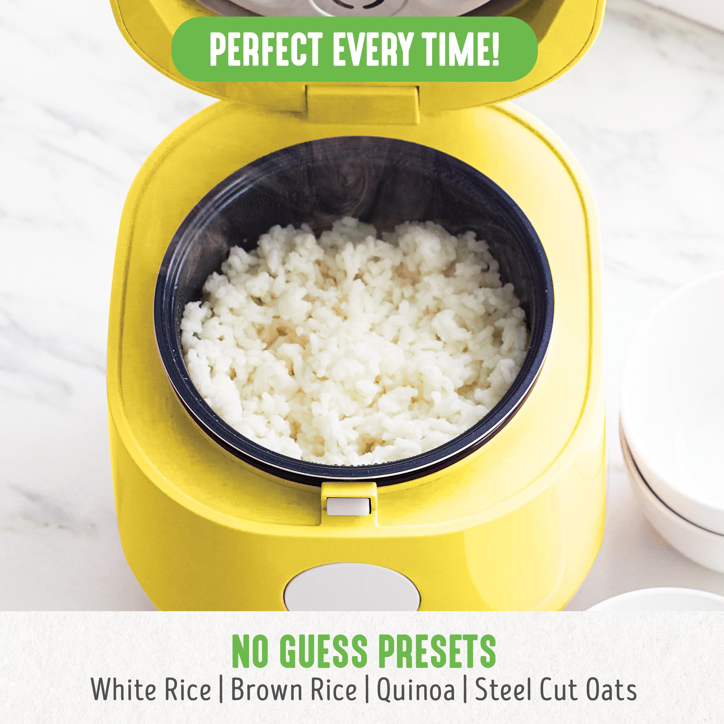 GreenLife PFAS-Free, 4-Cup Rice Oats and Grains Cooker, Healthy Ceramic Nonstick, Easy to Use Automatic Presets, Dishwasher Safe Parts, Yellow