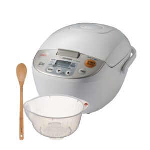 zojirushi micom rice cooker and warmer (5.5-cup/beige) bundle with rice washing bowl & bamboo spoon (3 items)