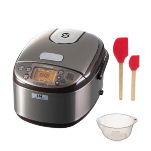 zojirushi induction heating system rice cooker and warmer, 3-cup with fuzzy logic, one-touch cooking, and auto keep warm feature(dark brown) bundle with rice washing bowl and spatula set (3 items)