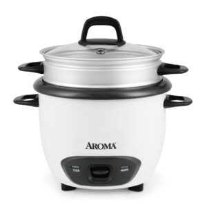 aroma housewares 6-cup (cooked) (3-cup uncooked) pot style rice cooker and food steamer (arc-743-1ng), white