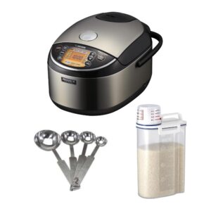 zojirushi pressure induction heating 10-cup rice cooker/warmer with stainless steel measuring spoon set and compact rice container bin (3 items)