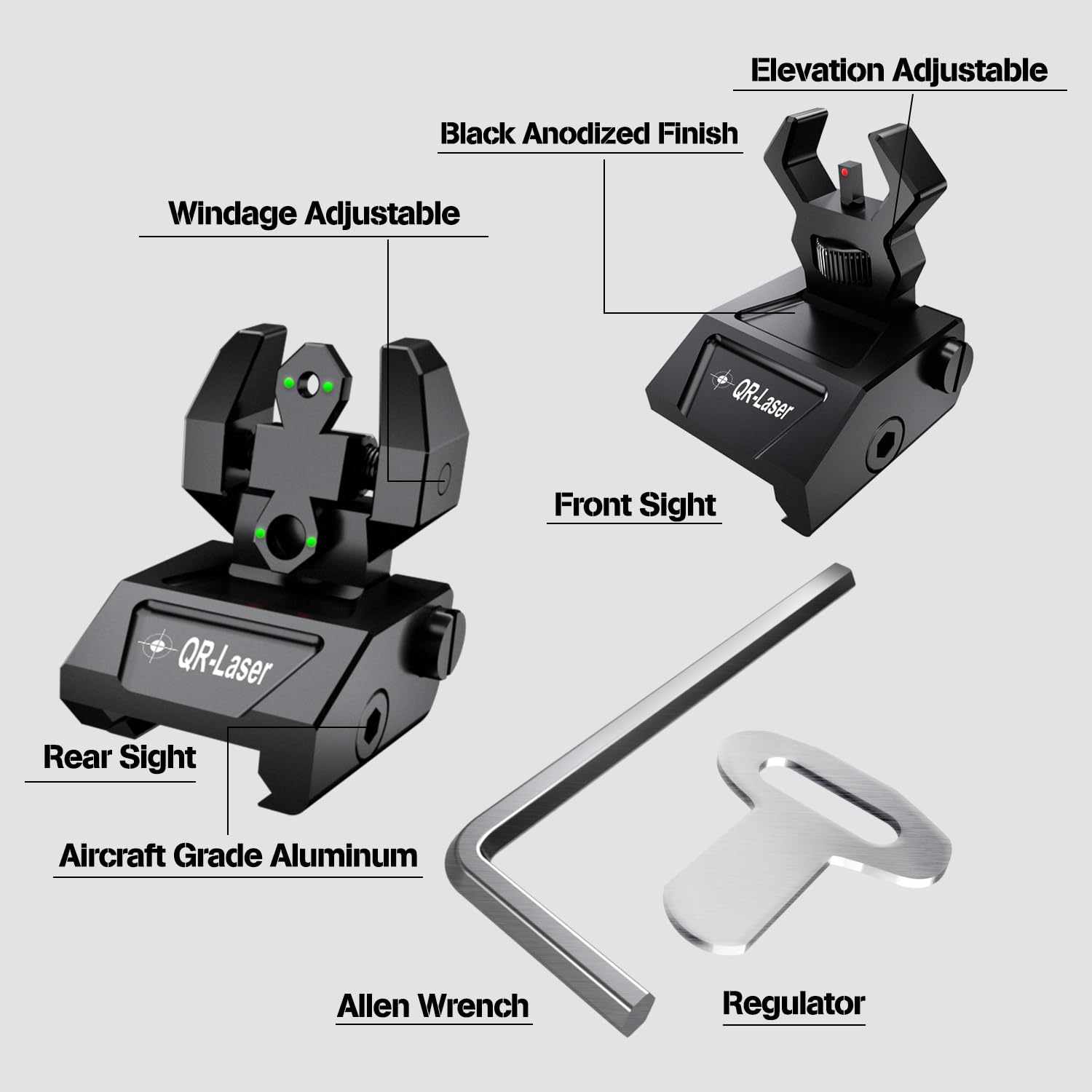 QR-Laser Tactical Flip Up Iron Sight Low Profile Front Rear Dot Sight Compatible for Picatinny Rail and Weaver Rail of Rifle, Premium Foldable Sights Double Aperture Spare Scope Backup Sight Set