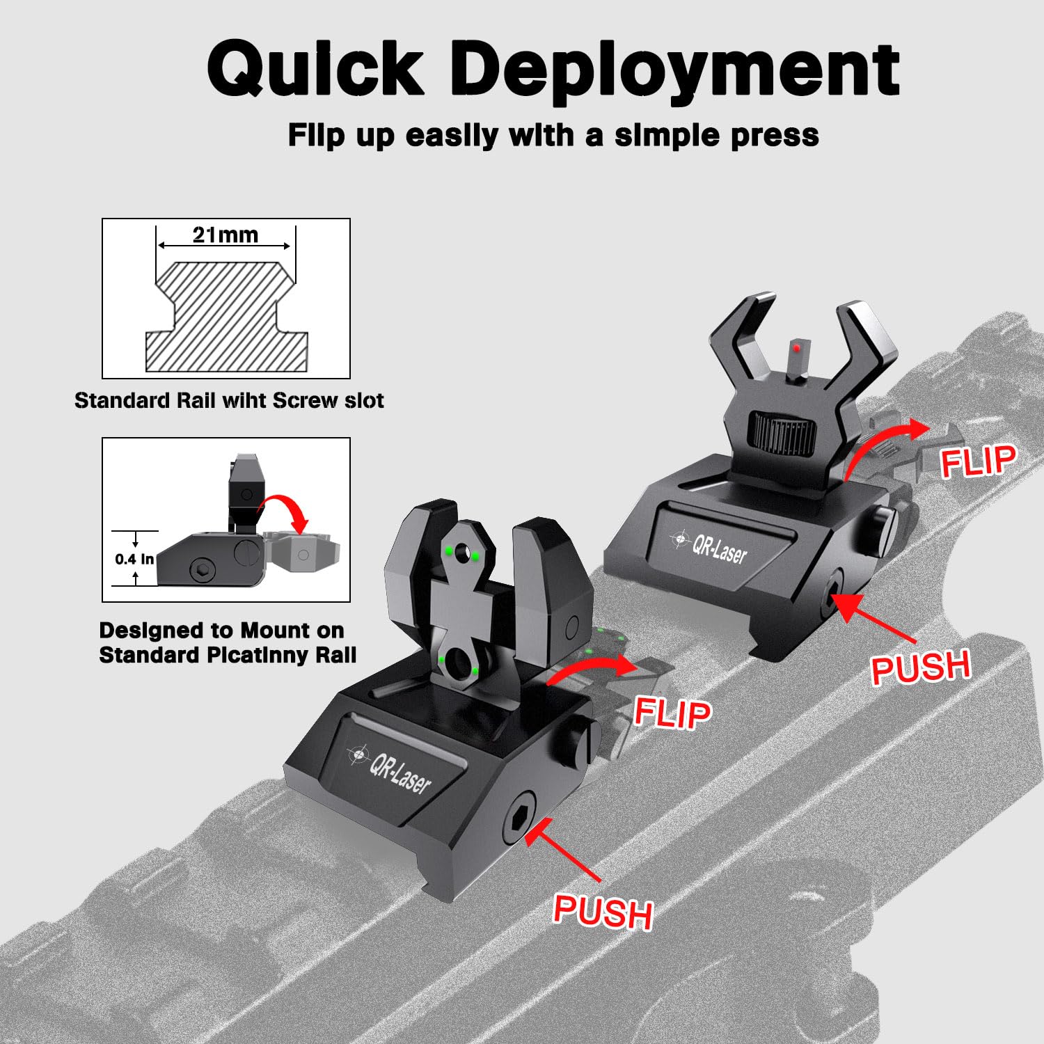 QR-Laser Tactical Flip Up Iron Sight Low Profile Front Rear Dot Sight Compatible for Picatinny Rail and Weaver Rail of Rifle, Premium Foldable Sights Double Aperture Spare Scope Backup Sight Set